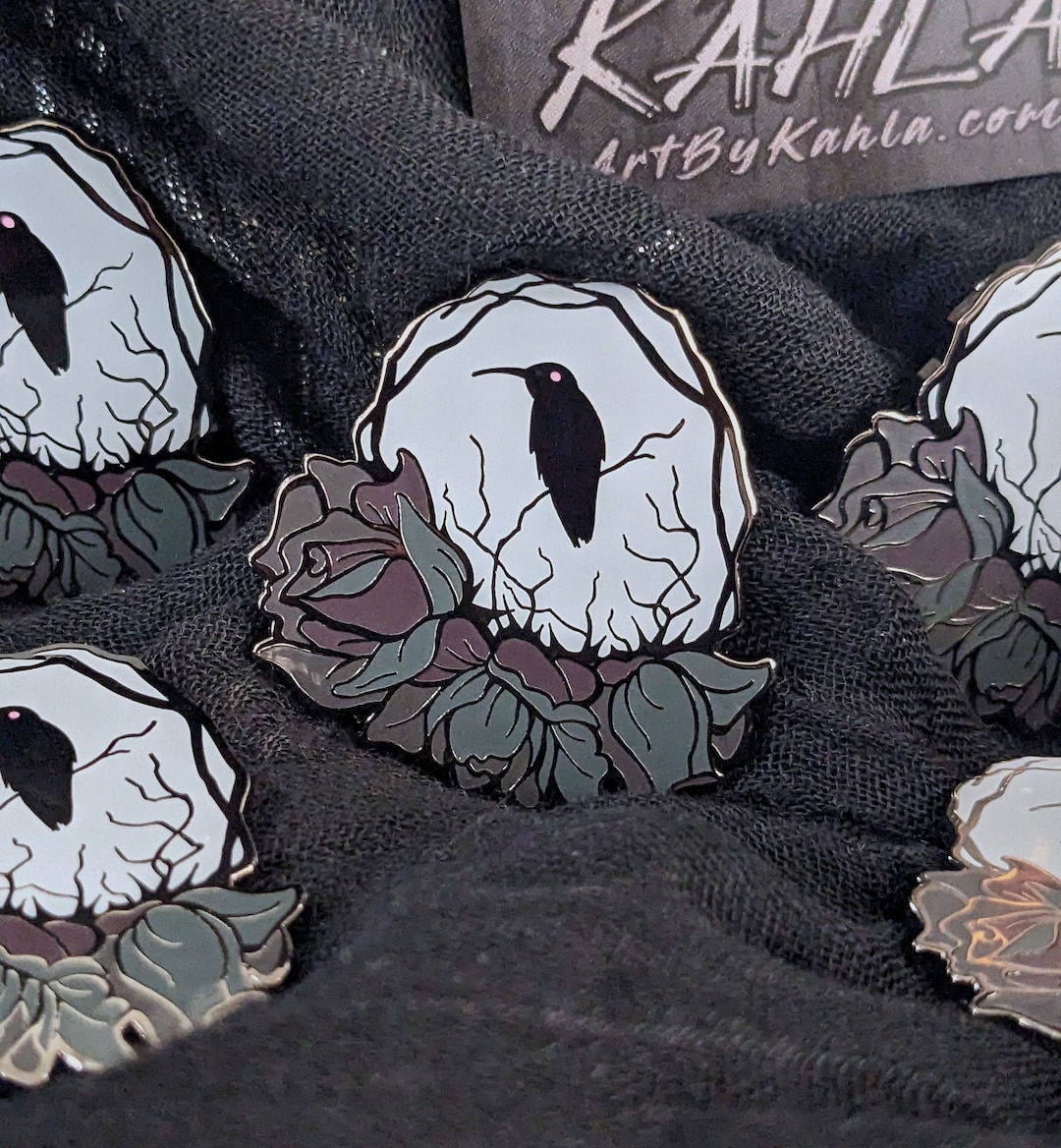 Dark Hummingbird Enamel Pin, Black Bird & Roses Hard Enamel and Black ...