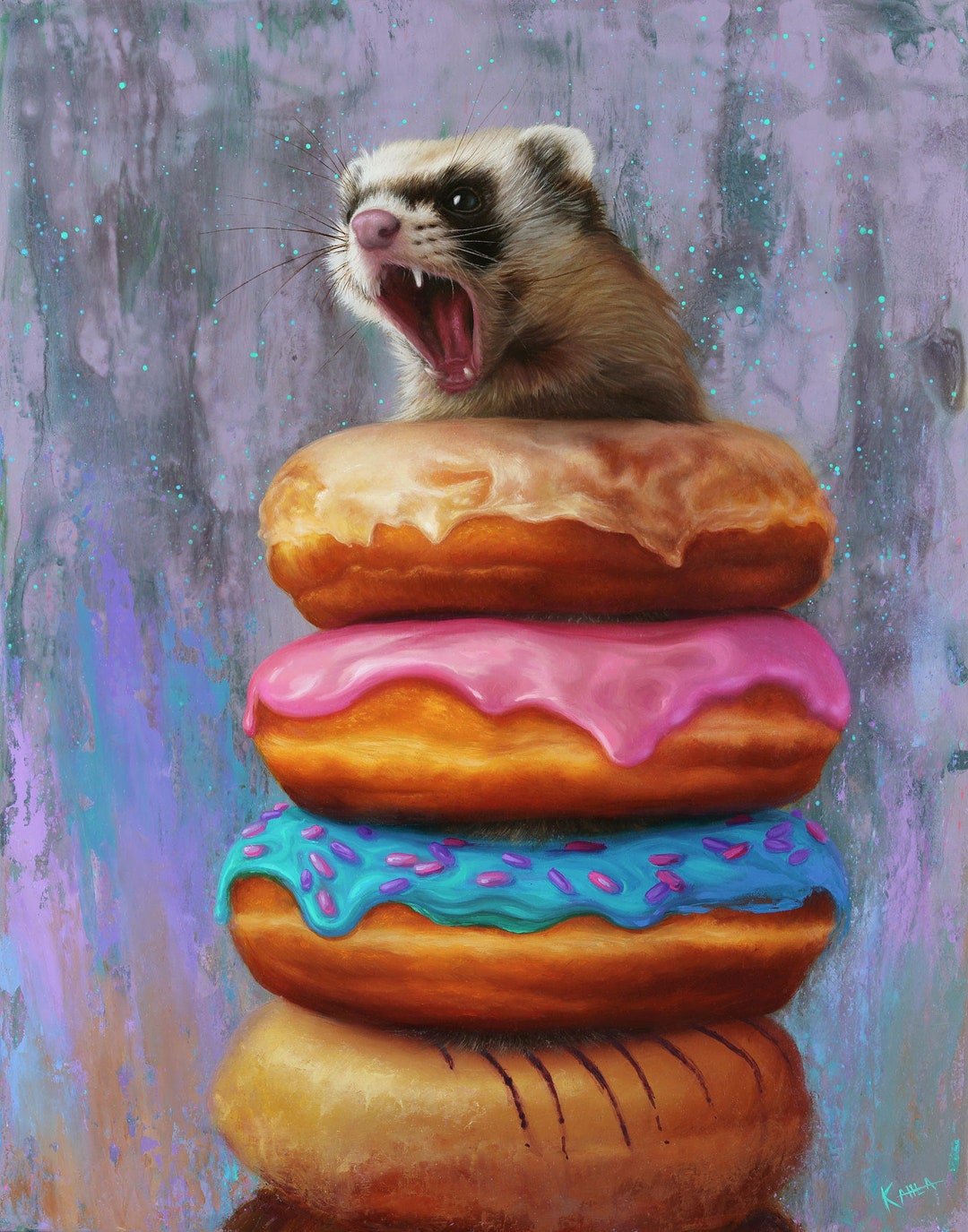 ORIGINAL Oil Painting get Your Own Donuts 11x14 Framed, Angry Ferret ...