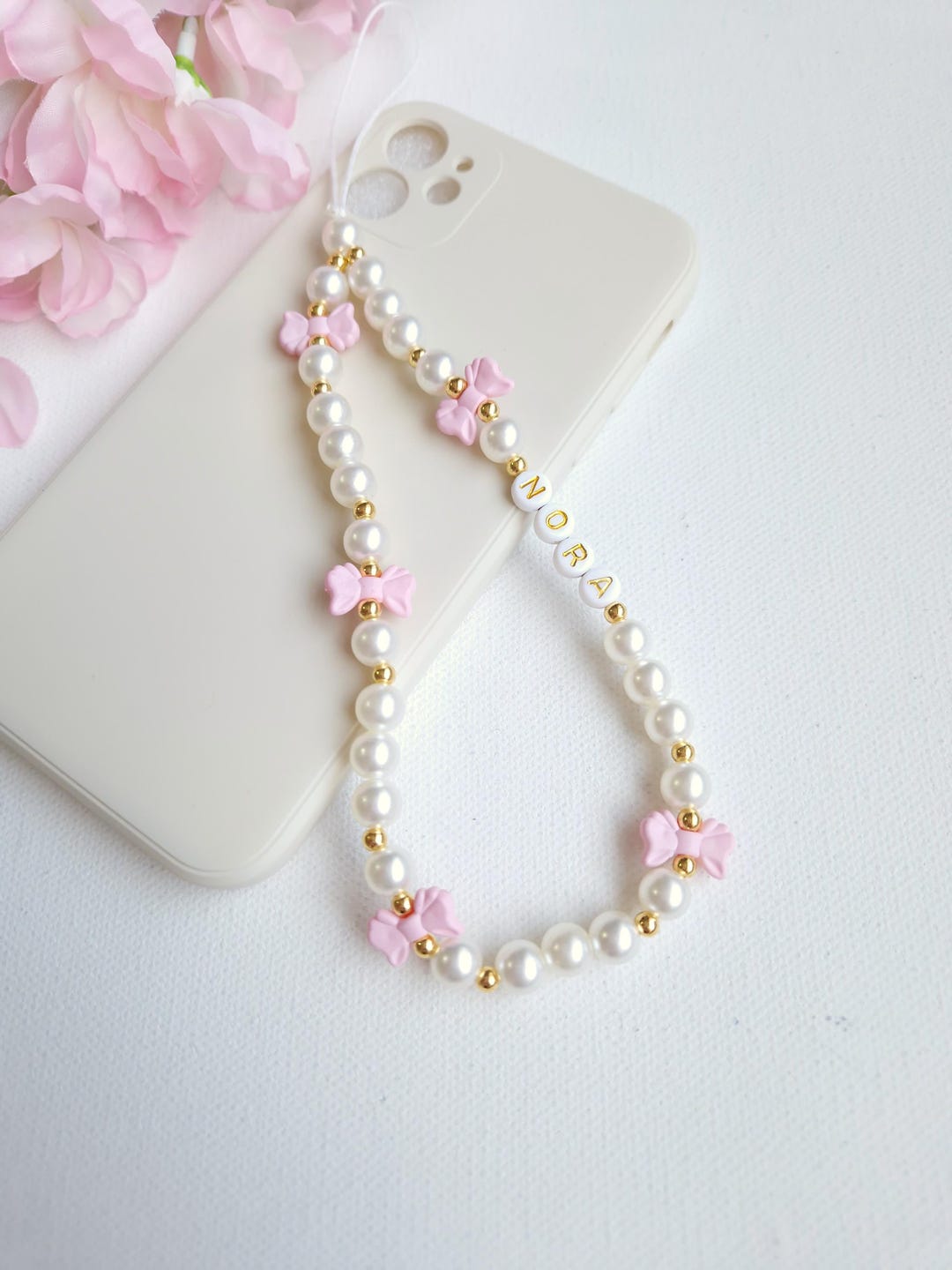 Custom Pink Bow Pearl Phone Charm, Personalised Beaded Name Phone Strap ...