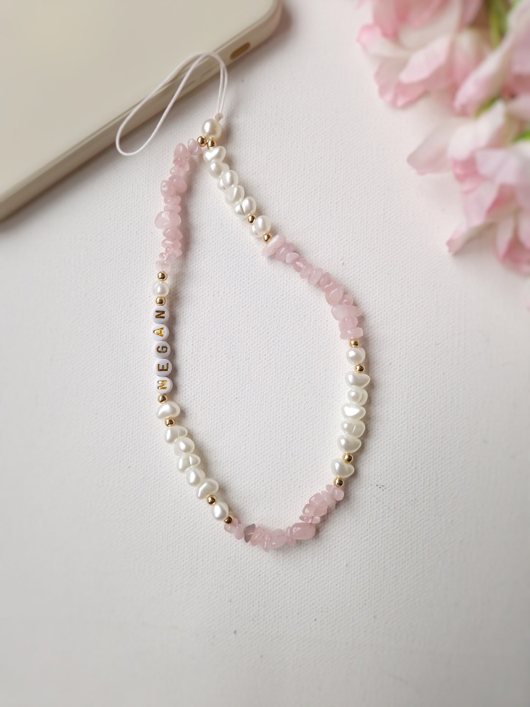 Personalised Rose Quartz Phone Charm, Crystal Gemstone Beaded Wrist ...