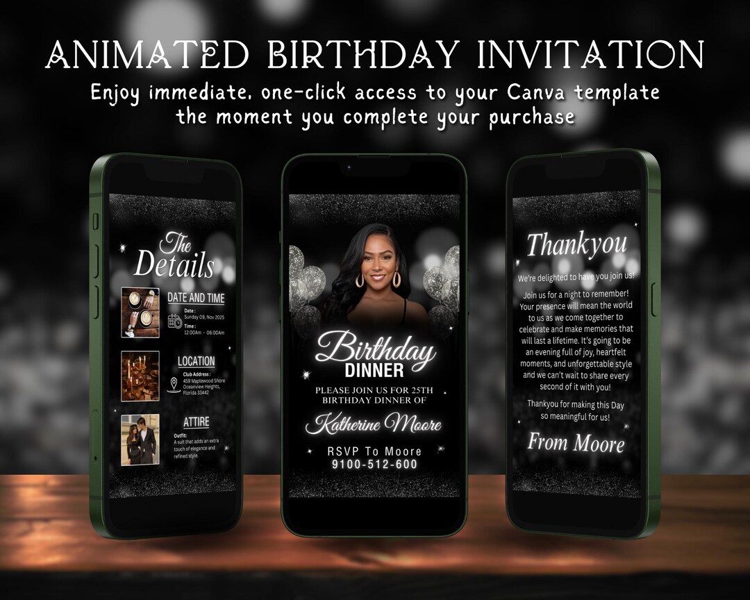 Animated Birthday Dinner Video Invitation, Digital 25th Birthday Dinner ...