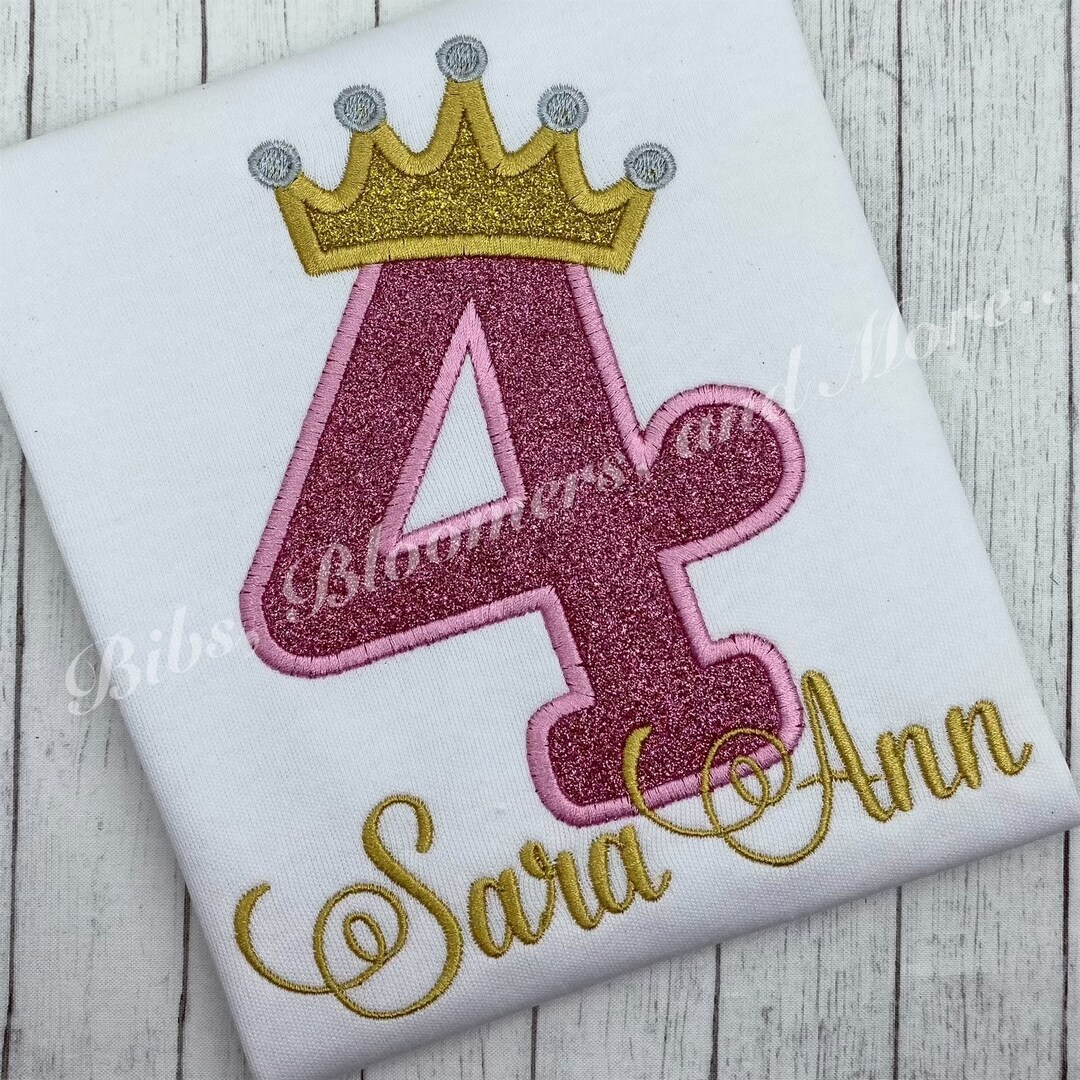 Glitter Number and Princess Crown Birthday Applique Embroidered T-shirt ...