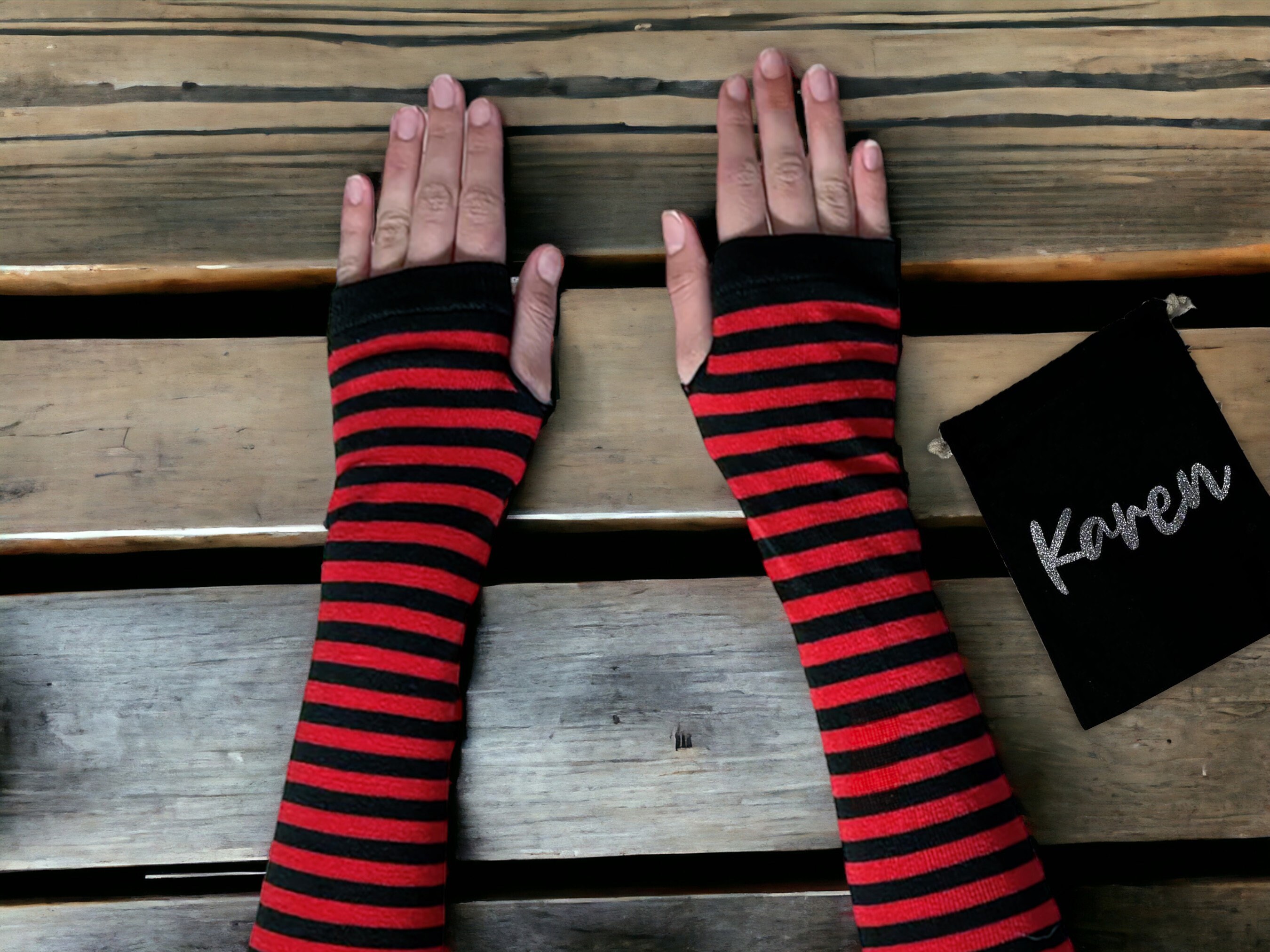 Stripey Black Red Arm Warmers Personalised Bag Vegan Halloween Emo ...