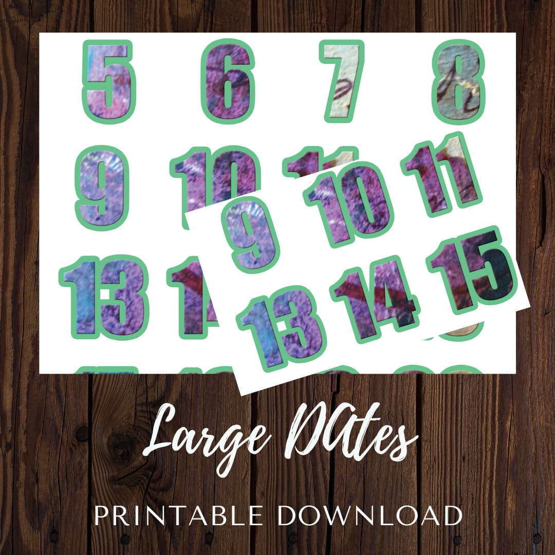Large Numbers Printable Dates, Colorful Collage Bits , Day of the Week ...