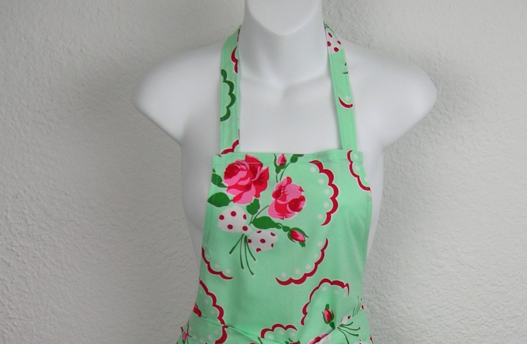 Full Apron in Aqua With Roses and Dots - Etsy