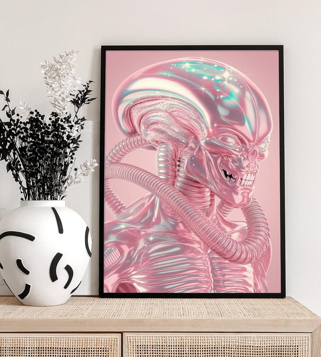 Vintage Glam Alien Poster, Glittering Pink Alien Art Poster ...