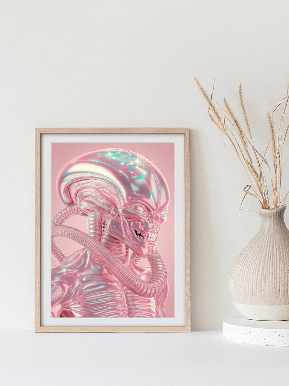 Vintage Glam Alien Poster, Glittering Pink Alien Art Poster ...