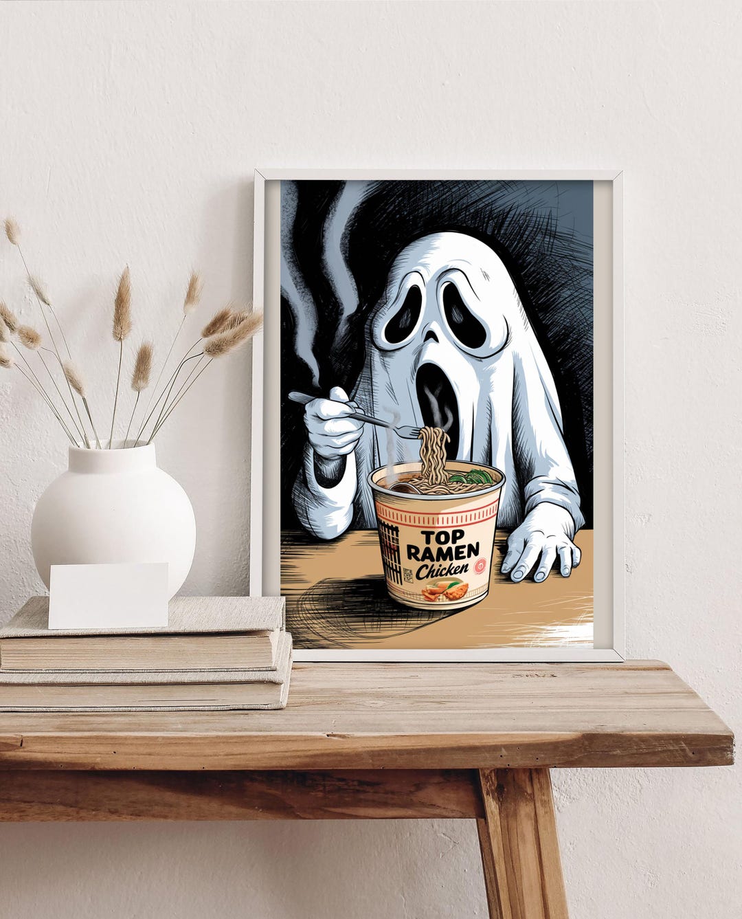 The Ghost Eating Ramen Print, Cute Halloween Wall Art, Spooky Foodie ...