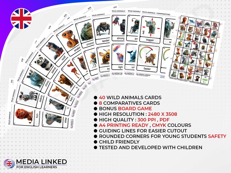 40 Wild Animals Colorful FLASHCARDS / Vocabulary / ESL Flashcards ...