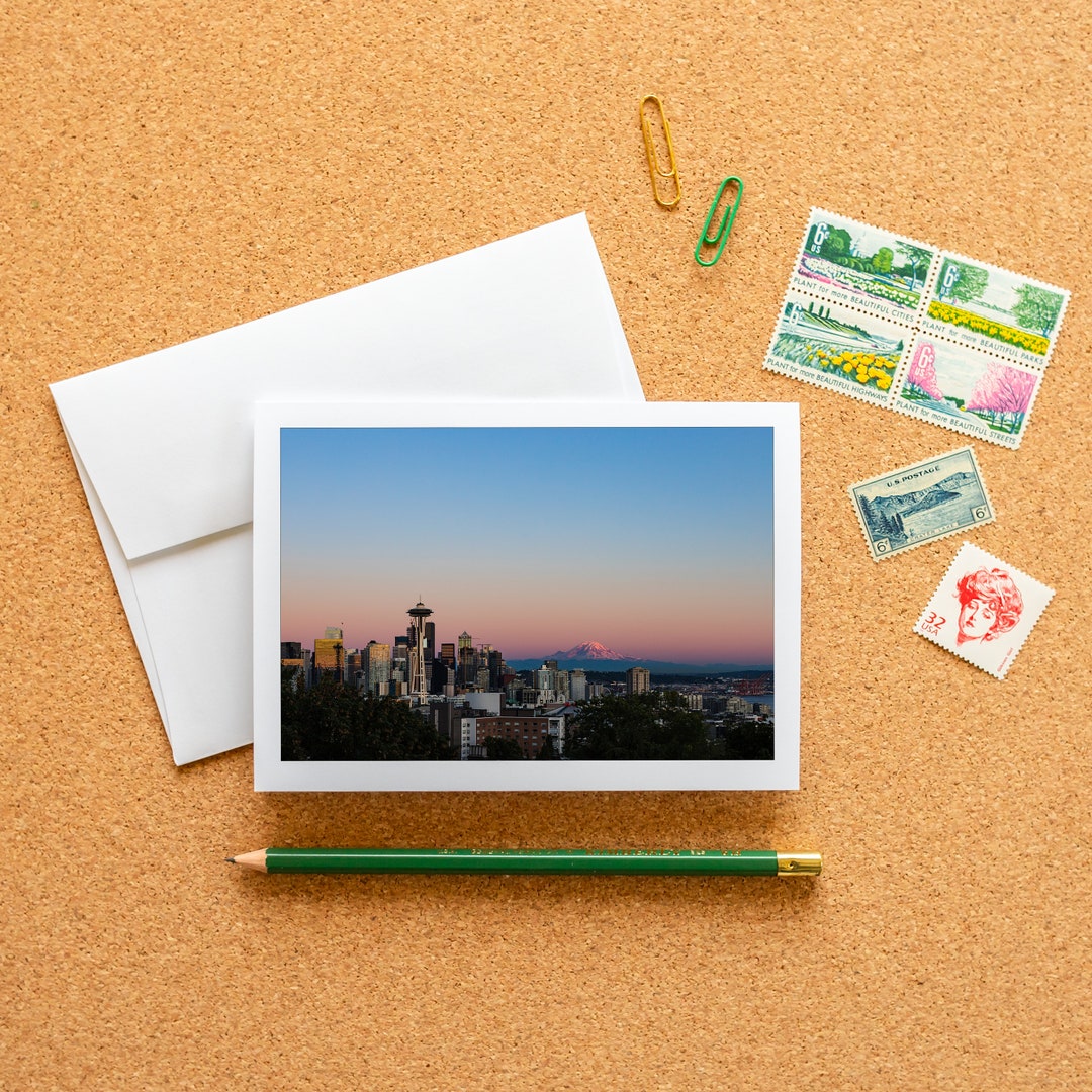 Blank Note Card - Seattle Skyline and Mt. Rainier at Sunset Frameable ...