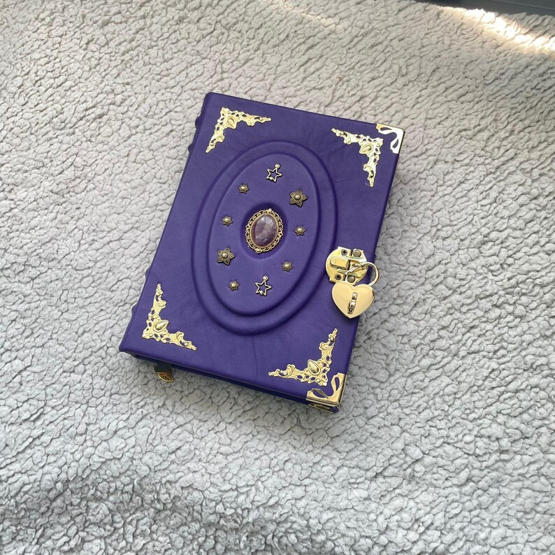 Amethyst Grimoire | Leather Crystal Spell Book With Lock | Handmade ...