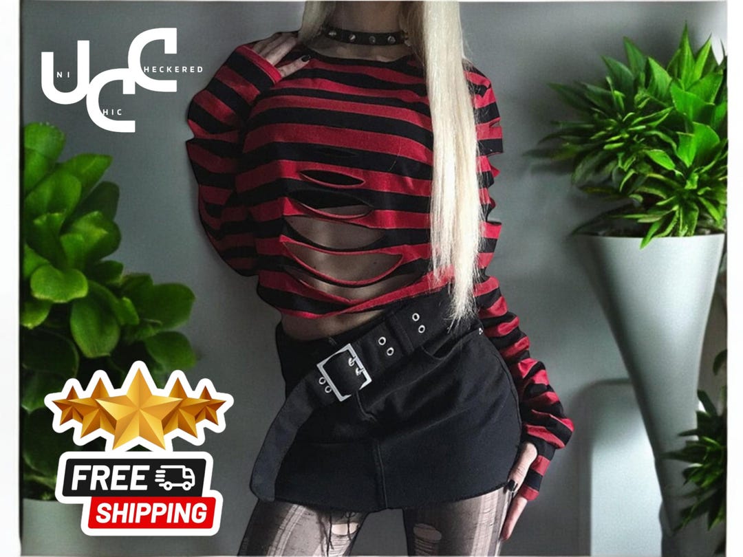 Women's Striped Round-neck Shirt Gothic Cut-out Long-sleeve Top Chic ...