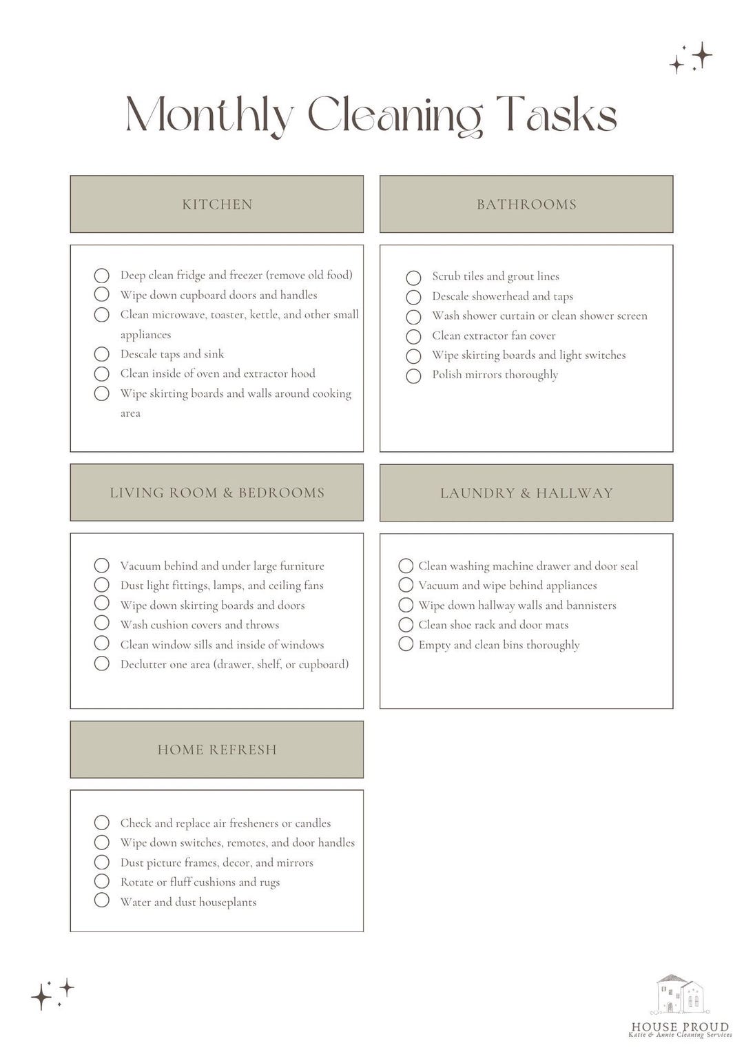 Monthly Deep Cleaning Printable Checklist | Minimalist Cleaning Tick ...