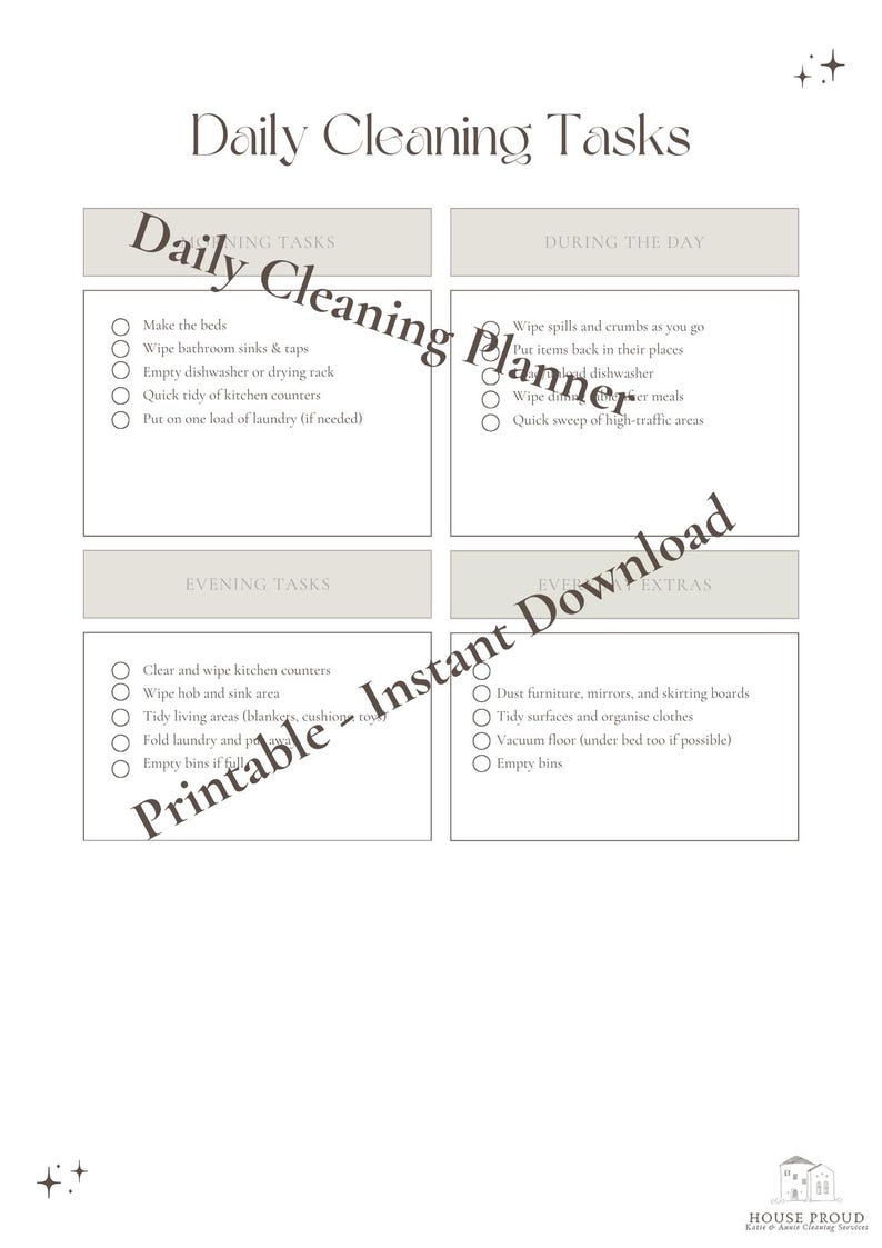 Printable Daily Cleaning Planner Checklist | Minimalist Cleaning Tick ...