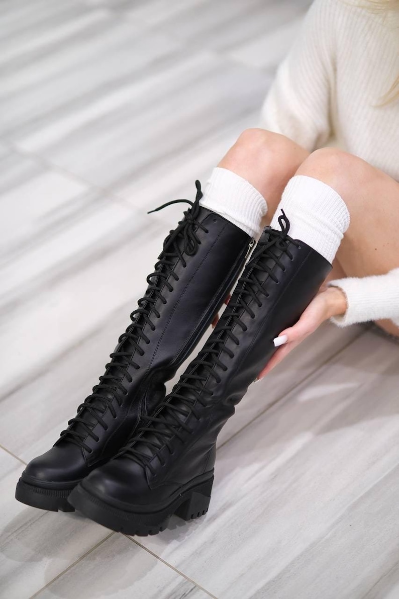 Handmade Black Leather Lace-up Boots: Mid-calf Motorcycle Style - Etsy