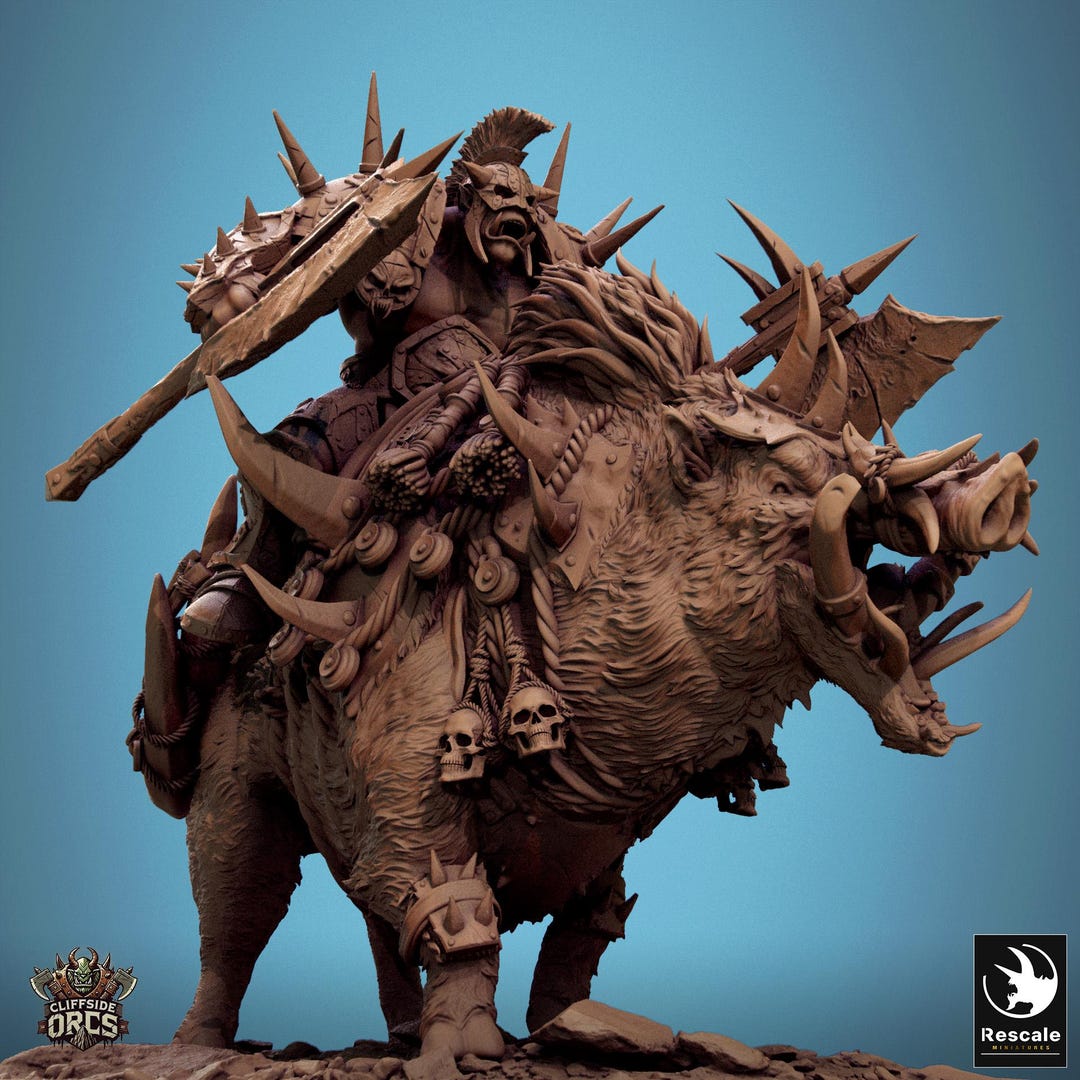 Giant Orc Chief Boar Rider Miniature, Mounted Boar NPC, 3D Printed ...