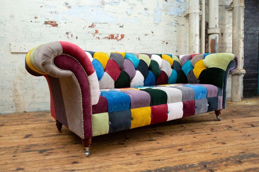 Worthing Patchwork Chesterfield Sofa – Handmade Tufted Couch, Plaid ...