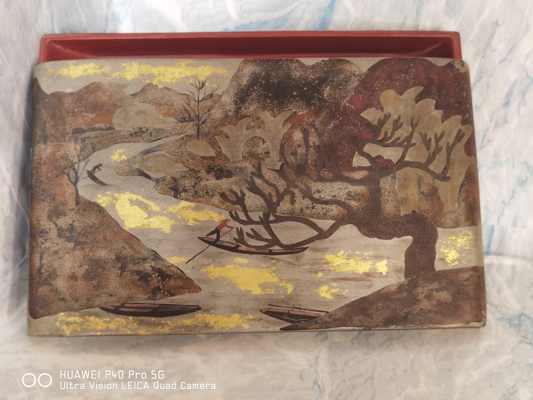 Vintage Wooden Hand Painted Jewelry With Damage to the Lid Box Black ...