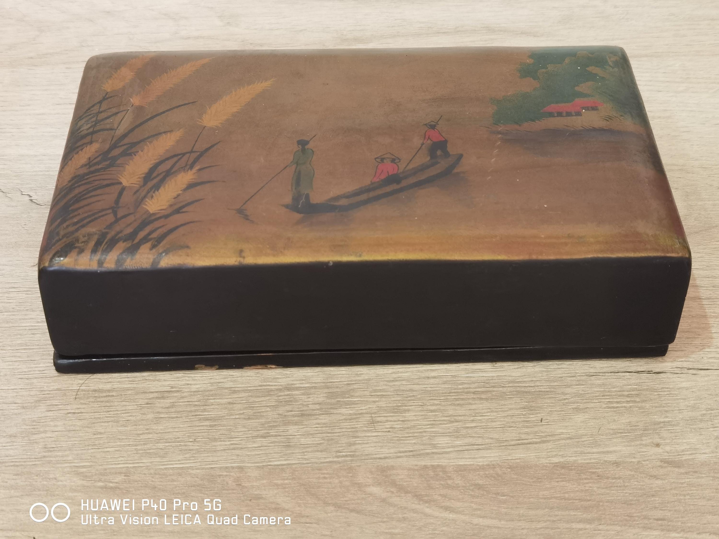 Vintage Wooden Hand Painted Jewelry Box Black Lacquer Vietnamese ...