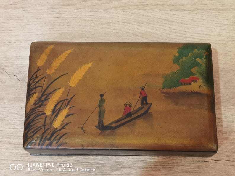 Vintage Wooden Hand Painted Jewelry Box Black Lacquer Vietnamese ...