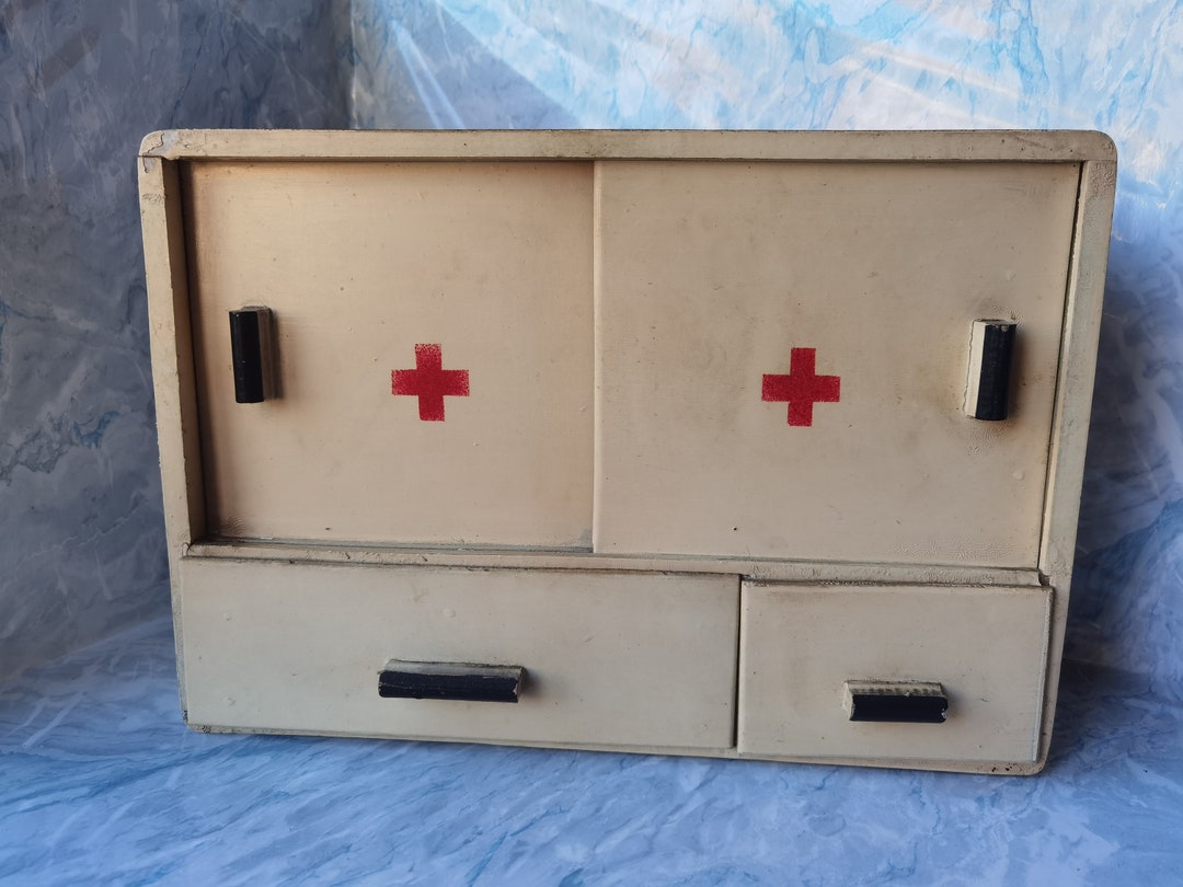 Vintage Wooden First Aid Cabinet With Sliding Doors and Drawers Retro ...