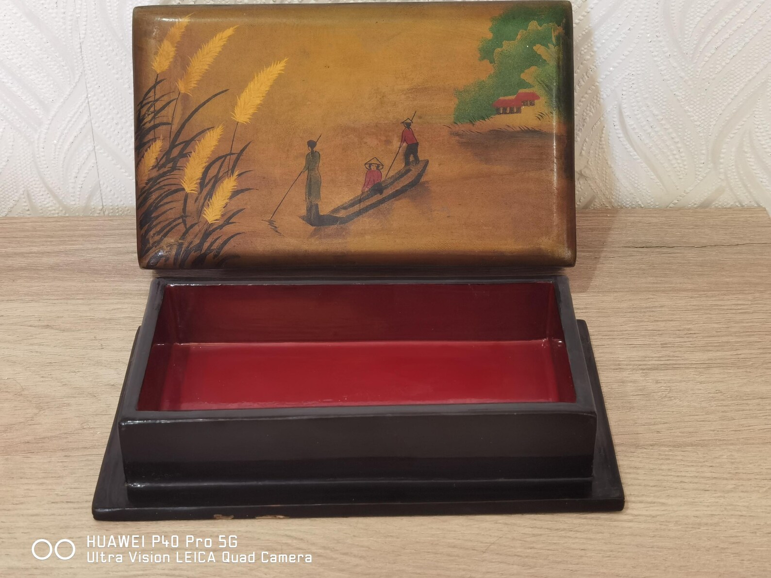 Vintage Wooden Hand Painted Jewelry Box Black Lacquer Vietnamese ...