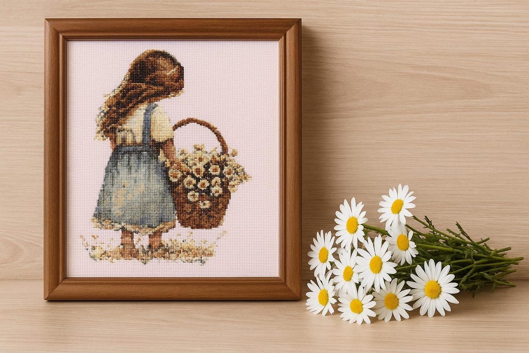 Cross Stitching Girl With Flowers, Cross Stitch Pattern, Punto De Cruz ...