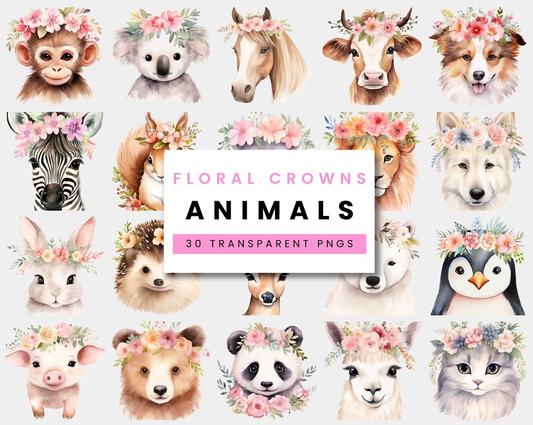 Watercolor Animals in Floral Crowns Clipart, Watercolour Flower Clip ...