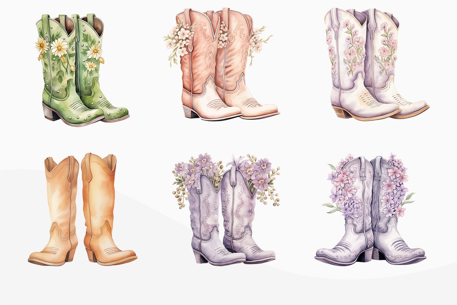 Cowgirl Boots Clipart Set, Watercolor Cowboy Boot With Flowers ...