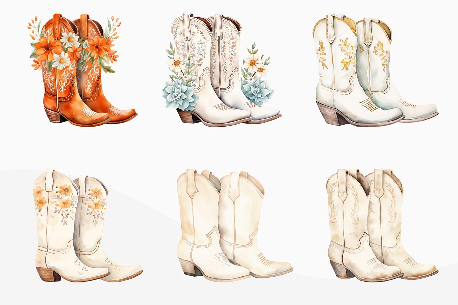 Cowgirl Boots Clipart Set, Watercolor Cowboy Boot With Flowers ...