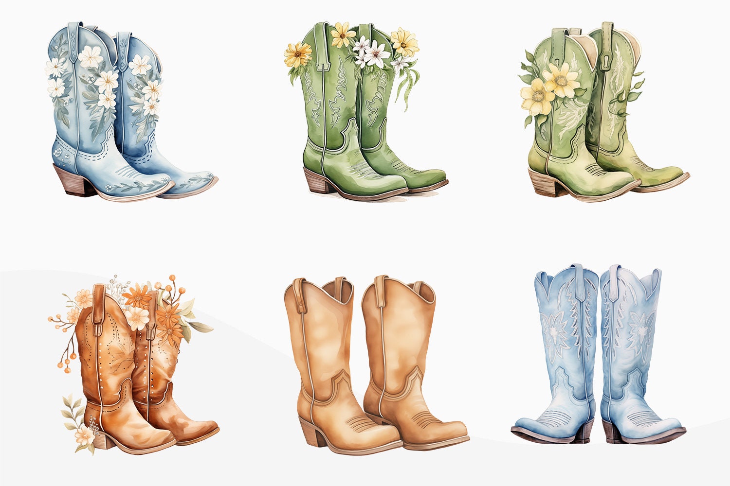 Cowgirl Boots Clipart Set, Watercolor Cowboy Boot With Flowers ...