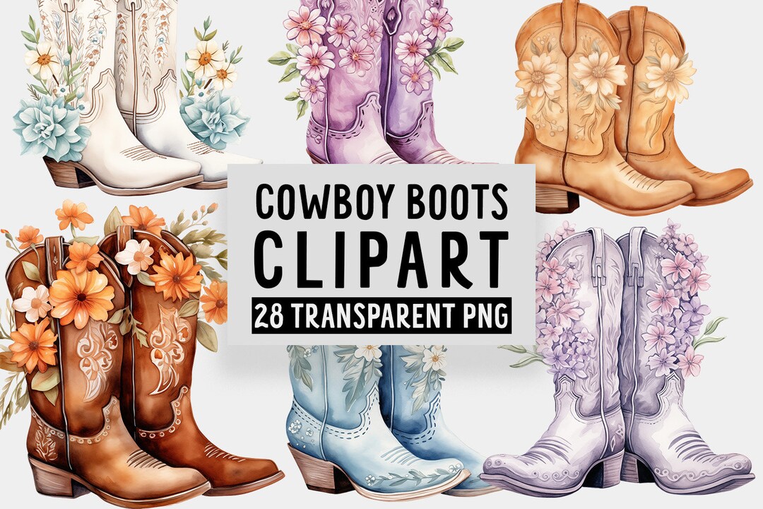 Cowgirl Boots Clipart Set, Watercolor Cowboy Boot With Flowers ...