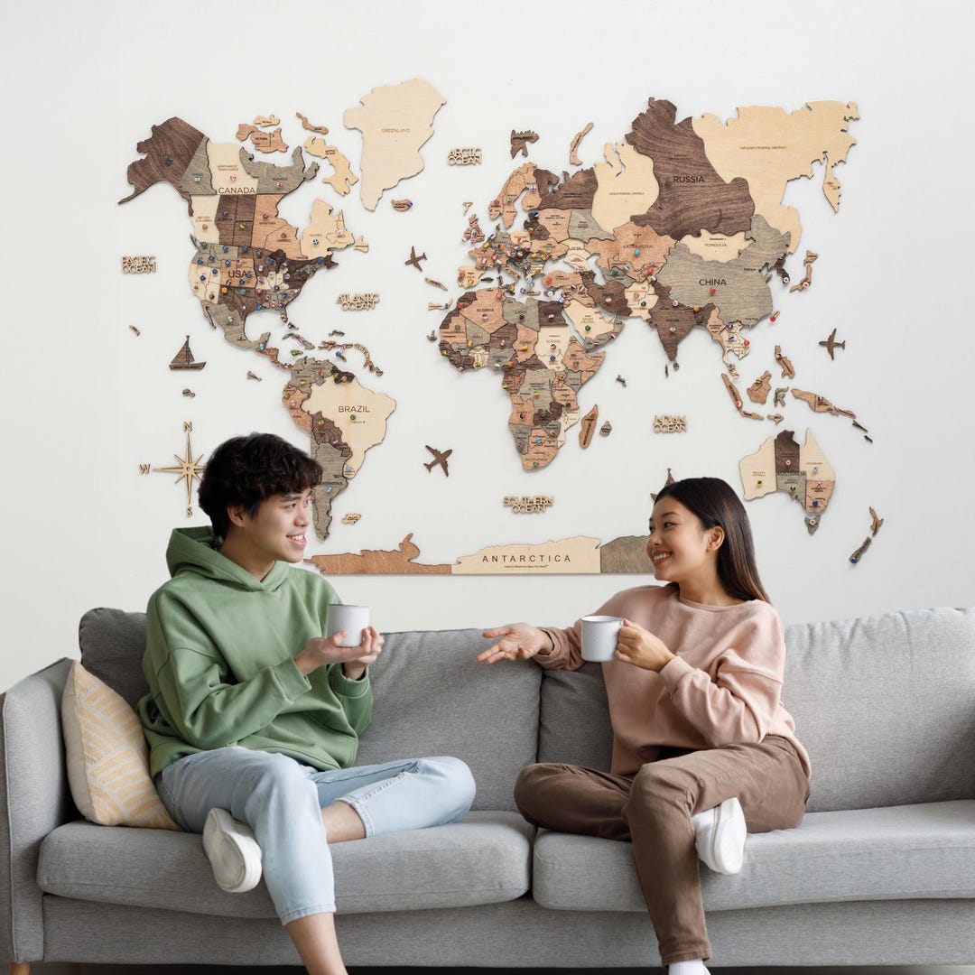 Travel Map Push Pin, Wood World Map Wall Art, Home Decor, Gift for ...