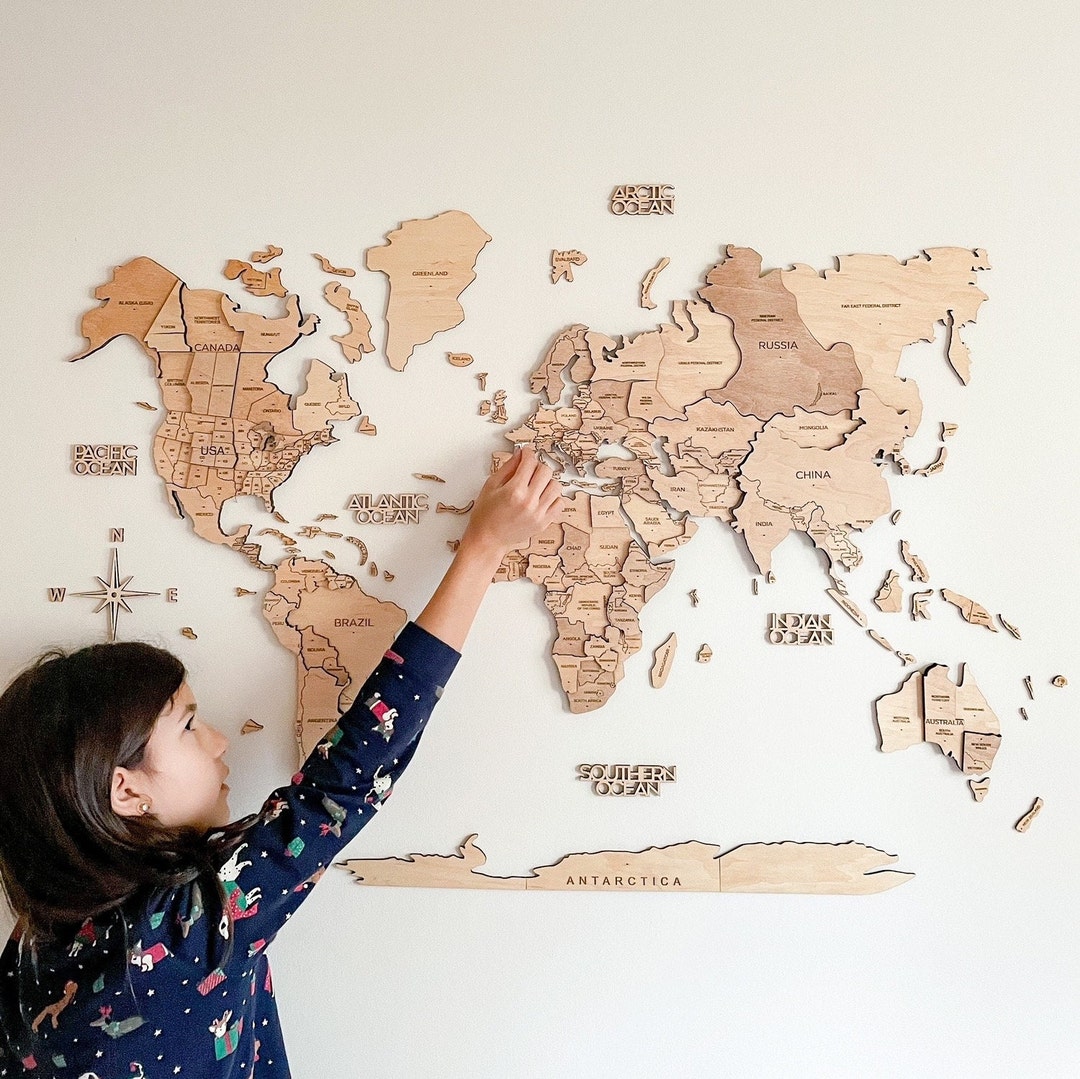Housewarming Gift, 3D World Map, Wooden Wall Map, Kids Room Decor ...