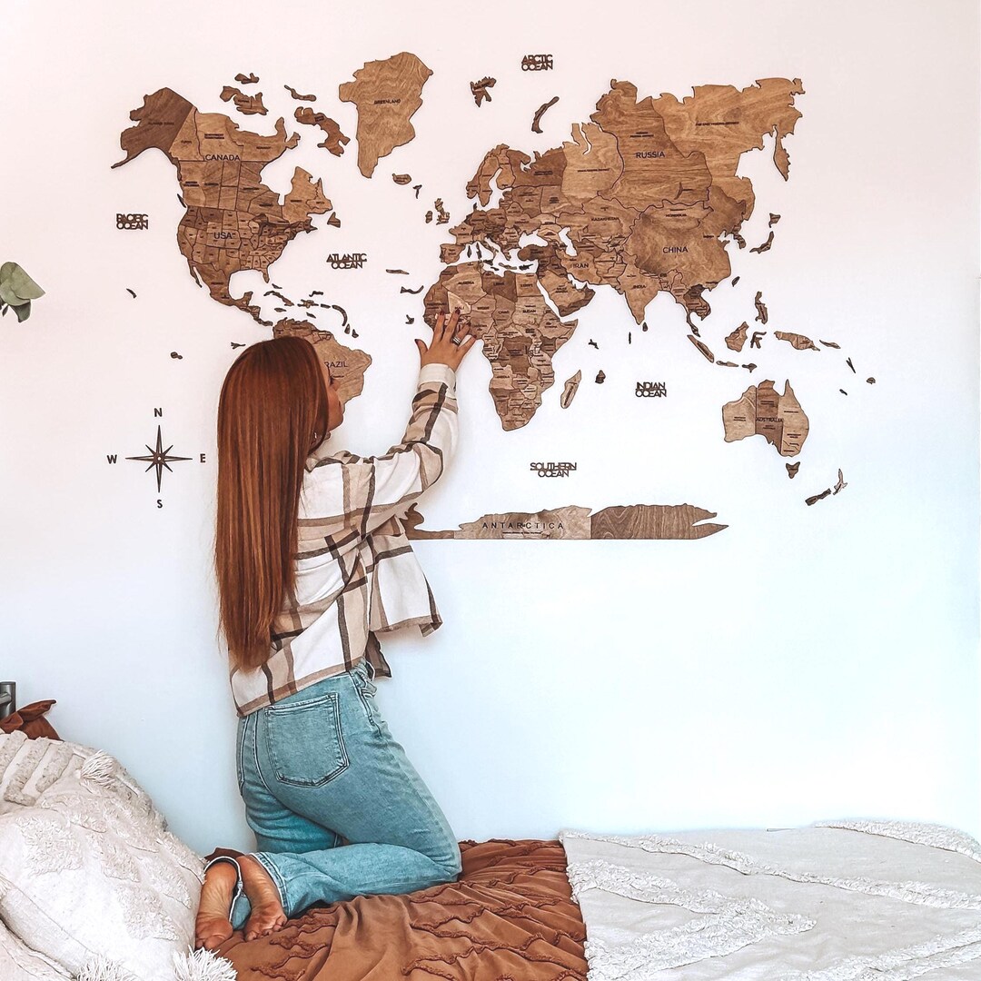 Adventure World Map Push Pin Travel Tracker Map Wooden Wall Art 3D Home ...