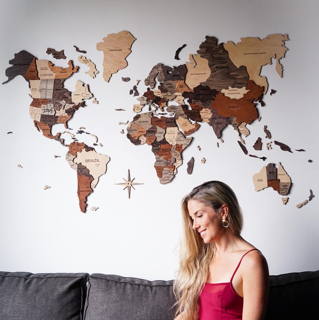Wooden World Map Wall Art, Home Office Decor, 3D Map of the World ...