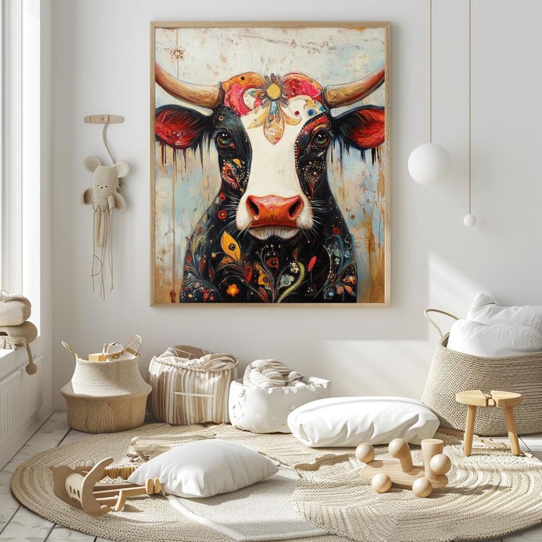 Boho Cow Wall Art Decor, Animal Decor, Whimsical Cow Art, Gifts for ...