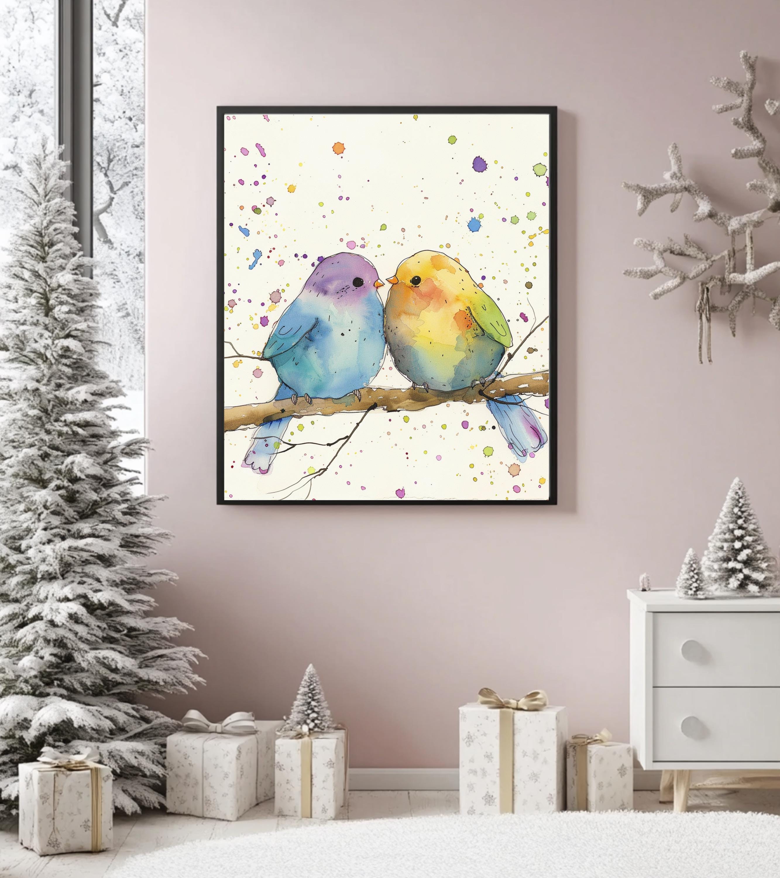 Whimsical Birds Digital Wall Art, Watercolor Lovebirds on a Branch ...