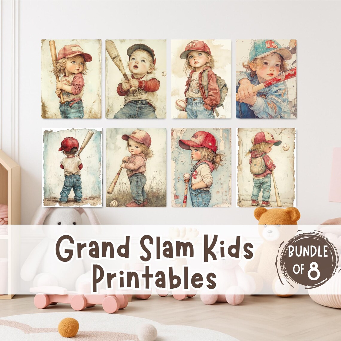 Grand Slam Baseball Kids Printable Bundle, Set of 8 Cute Vintage Sport ...