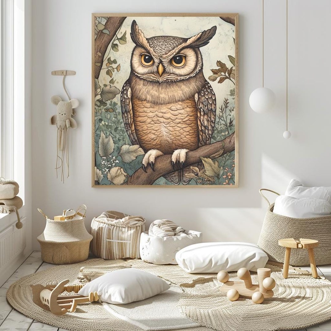 Boho Forest Owl Canvas, Woodland Wall Art, Night Owl Wall Art, Boho ...