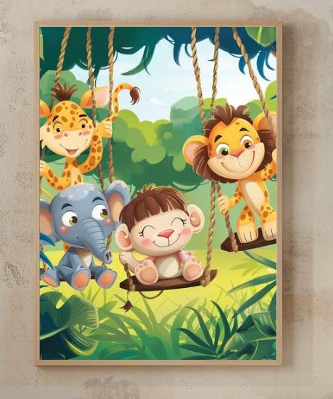 Safari Animals Wall Art, Kids Framed Wall Art, Cartoon Animals Decor ...