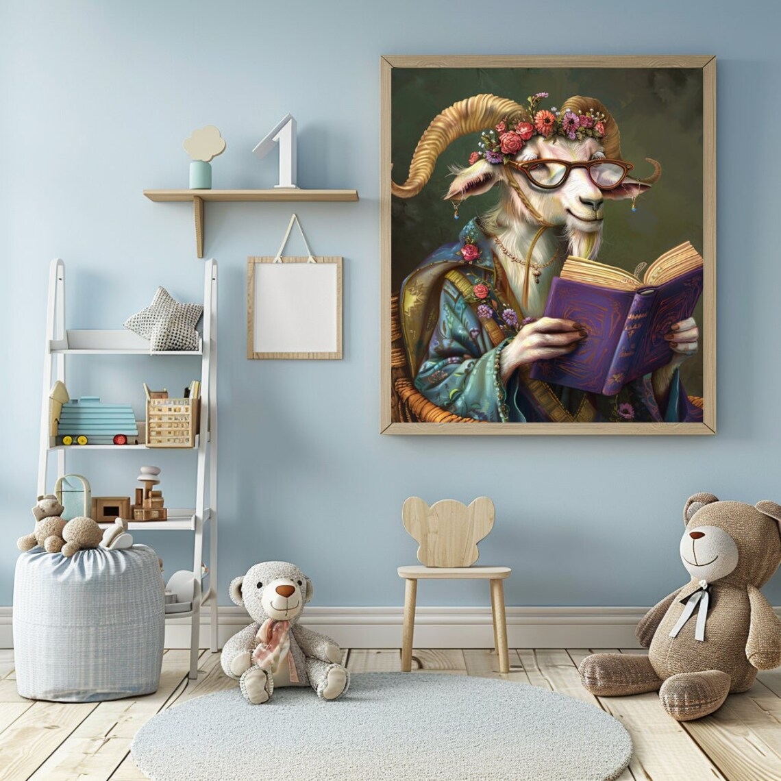 Boho Goat Reading A Book Wall Art, Baby Shower Gift, Farm Animal Art ...