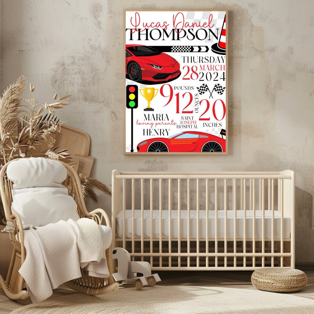 Baby Boy Racing Car Personalized Wall Art, Childrens Kids Wall Art ...