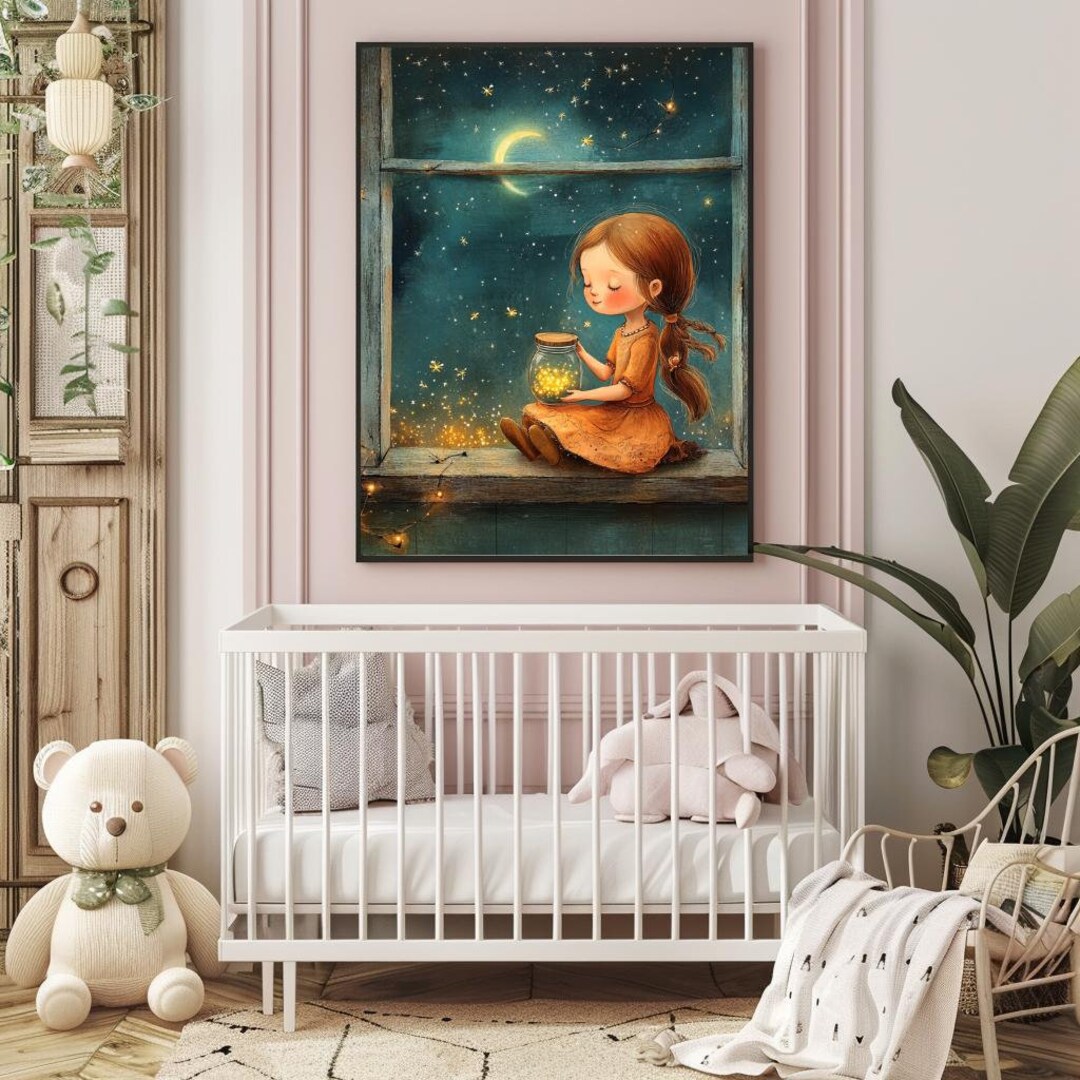 Little Girl Wall Art, Playroom Decor, Night Sky Art, Kids Room Canvas ...