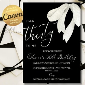 30th Birthday Invitation, Talk Thirty to Me , Coquette White Bow, Black ...