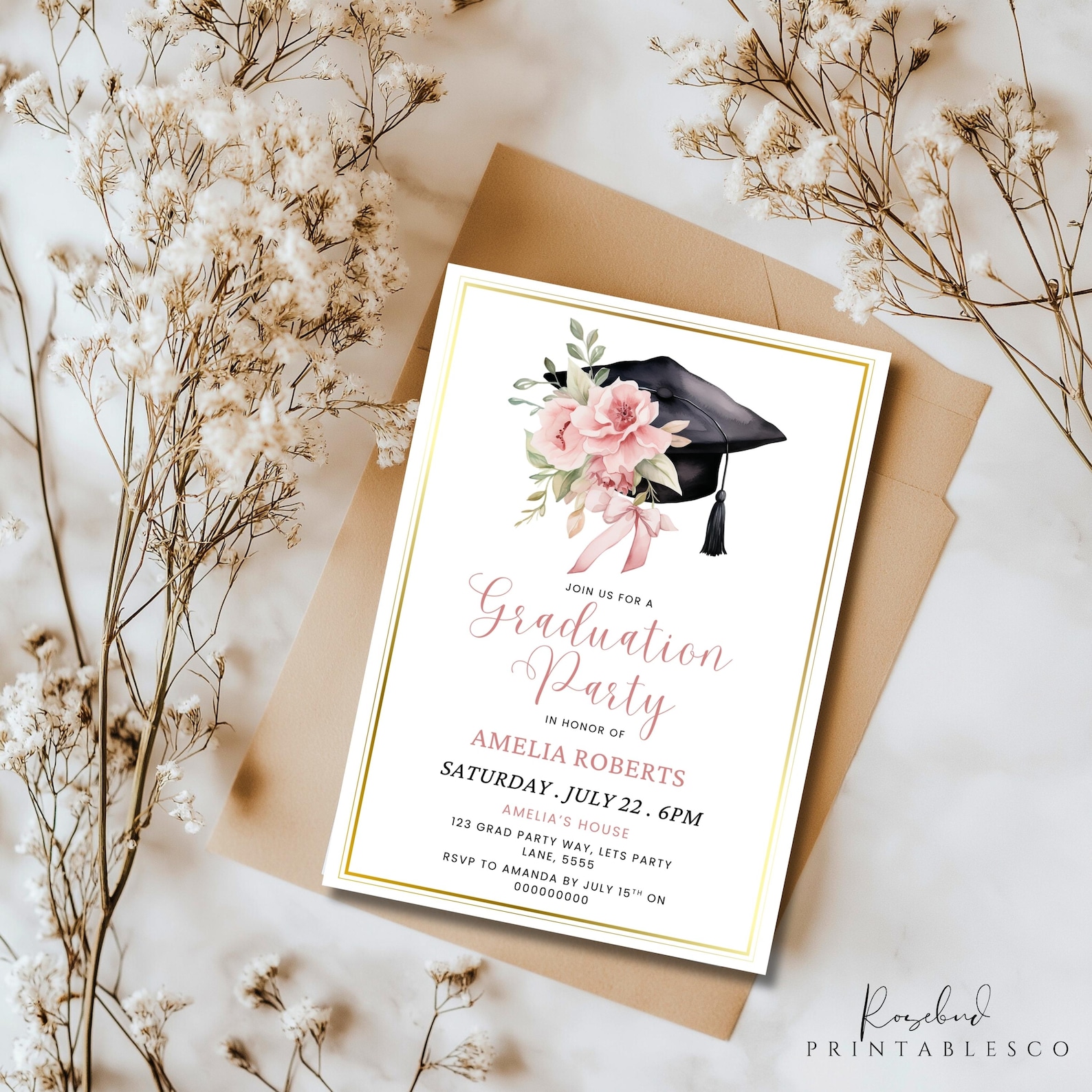 Floral College Graduation Invitation, Pink Flowers Grad Party Invite ...