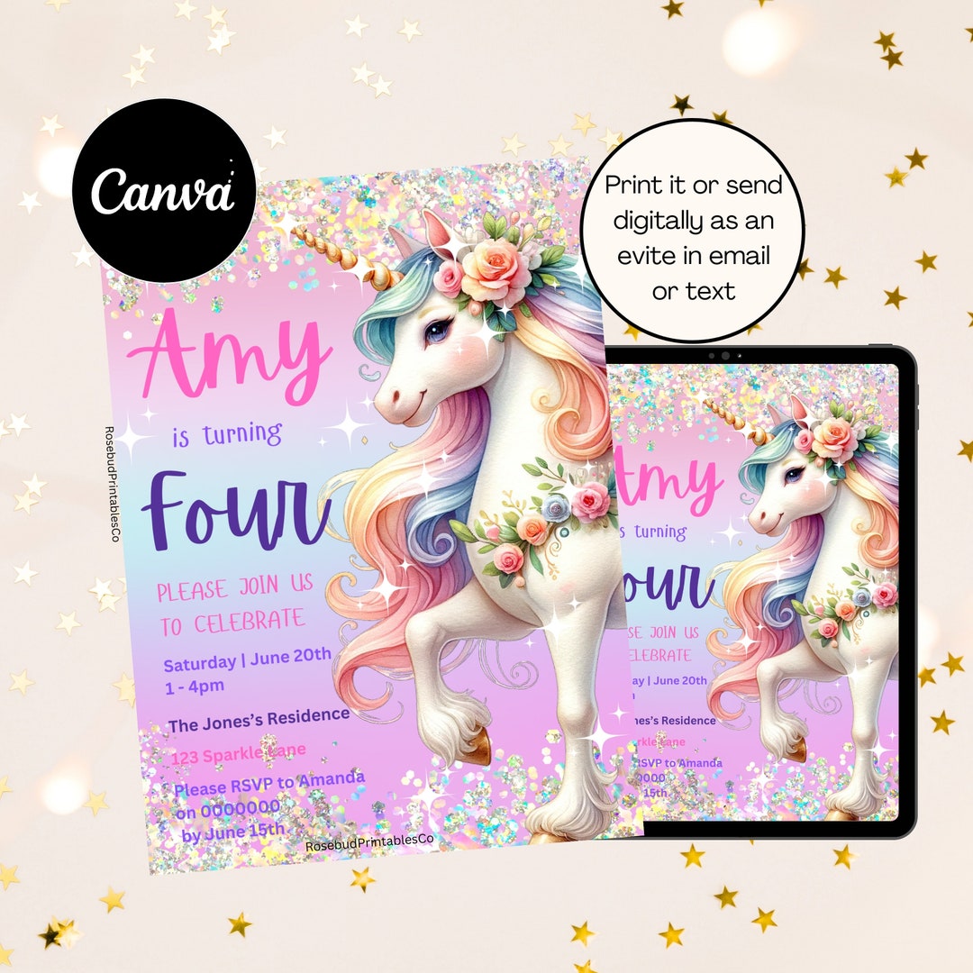 Unicorn Birthday Invitation Pastel Rainbow Party Invite Sparkle Flower ...