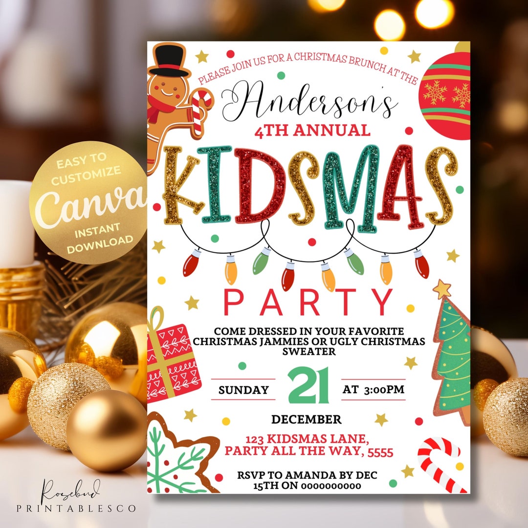 Kidsmas Christmas Invitation, Kids Holiday Party Invitation, Children's ...