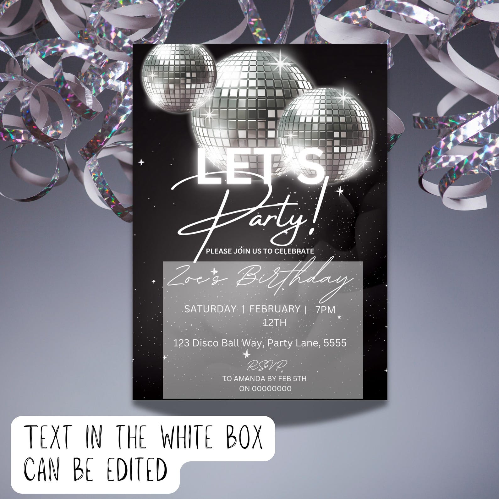 Lets Party Disco Balls Invitation Neon Silver Black and Sparkles Invite ...