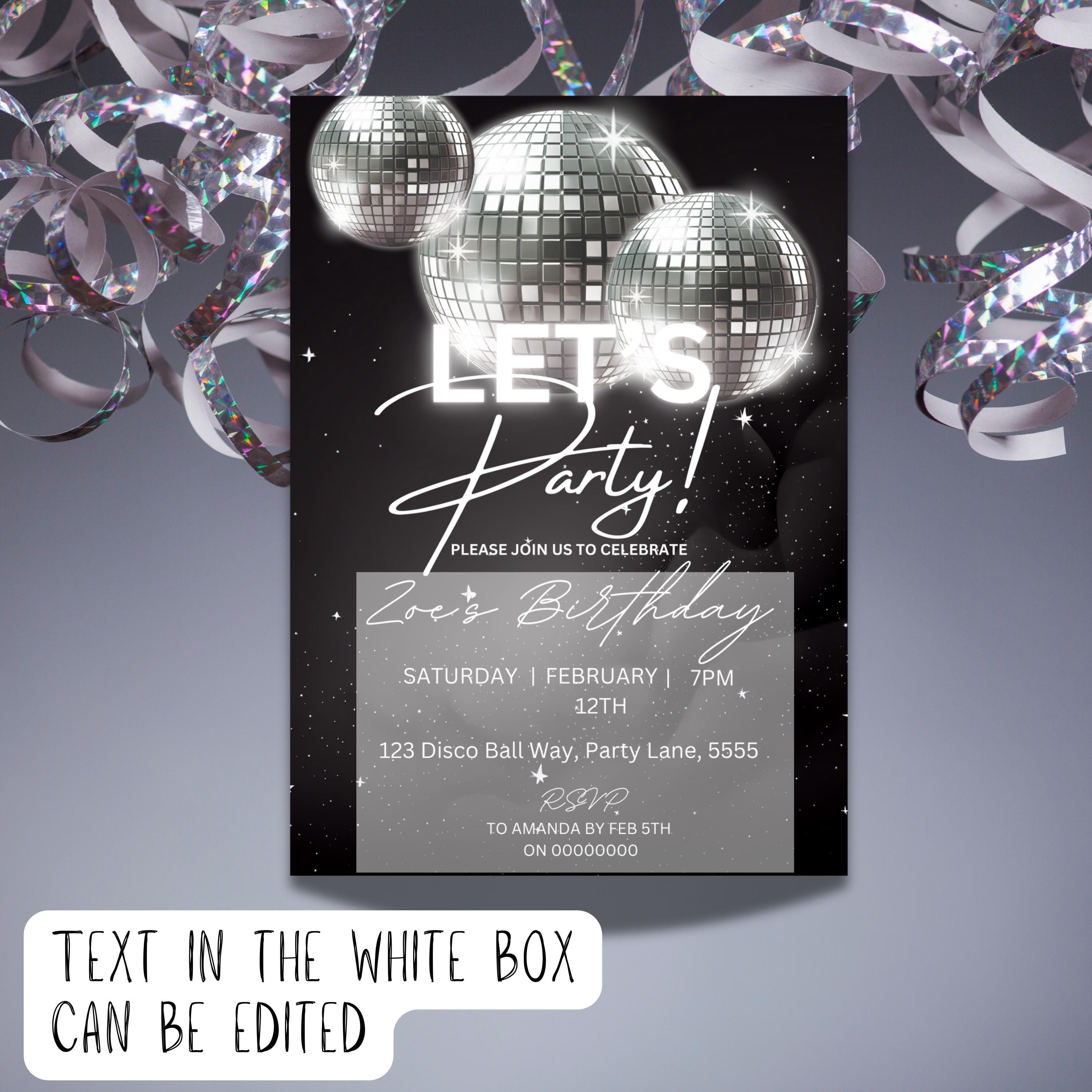 Lets Party Disco Balls Invitation Neon Silver Black and Sparkles Invite ...